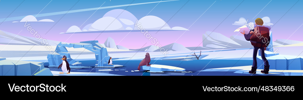 Man hiker in north - cartoon background Royalty Free Vector