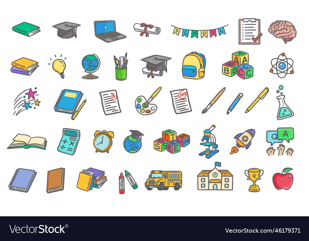 Education elements hand drawn objects colored Vector Image