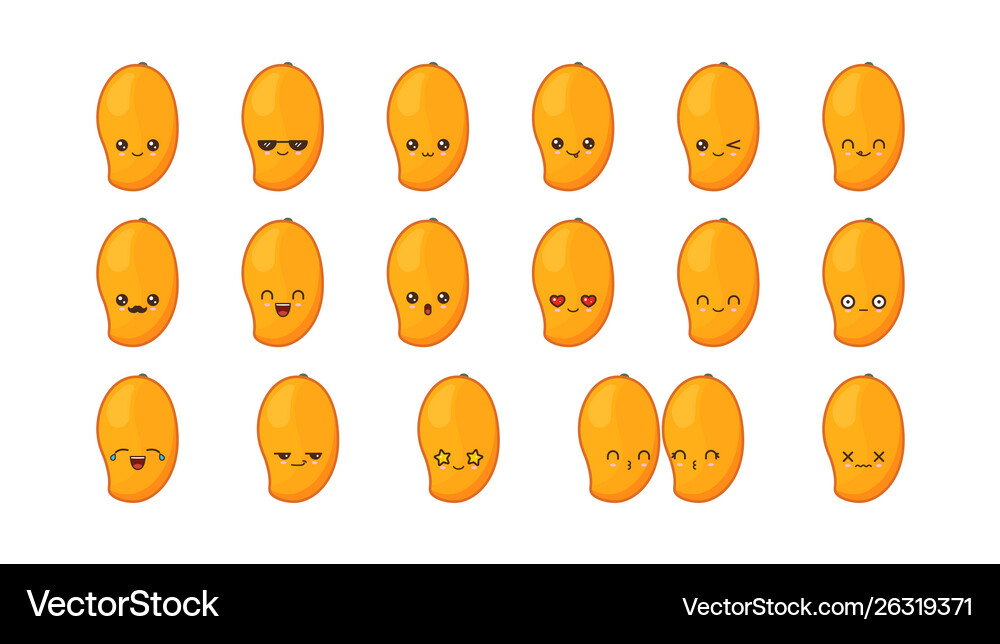Mango cute kawaii mascot set food faces Royalty Free Vector