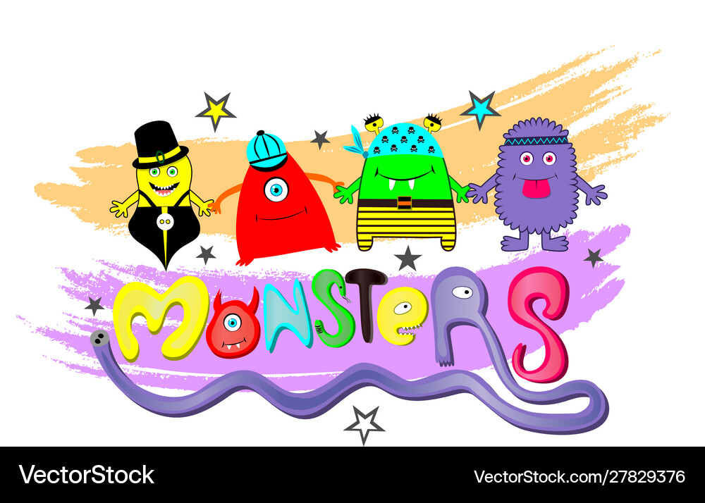Cartoon monsters with inscription in form Vector Image