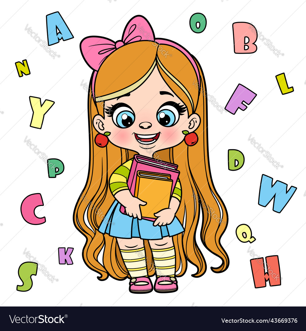 Cute Cartoon Longhaired Girl Holding Textbooks Vector Image