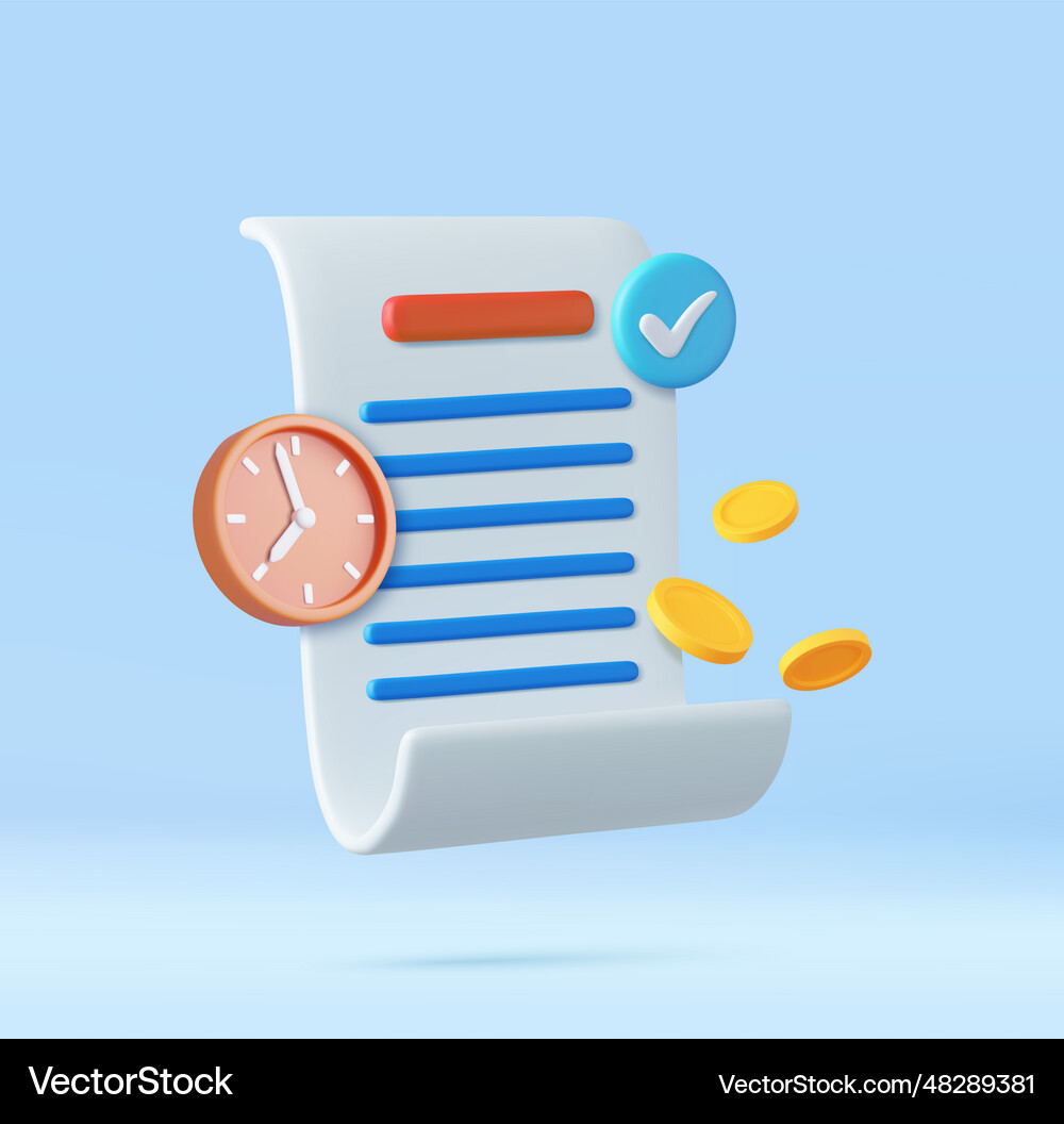3d bill with clock and golden coins Royalty Free Vector