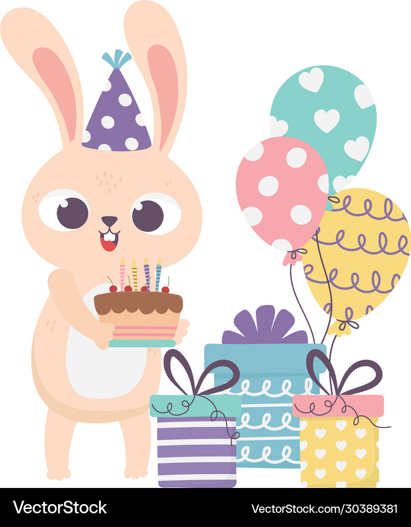 Happy day rabbit with party hat cake gift boxes Vector Image