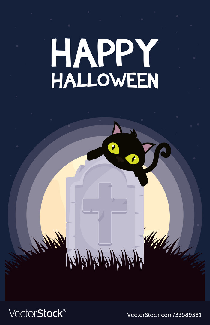 Happy halloween card with lettering and cat Vector Image