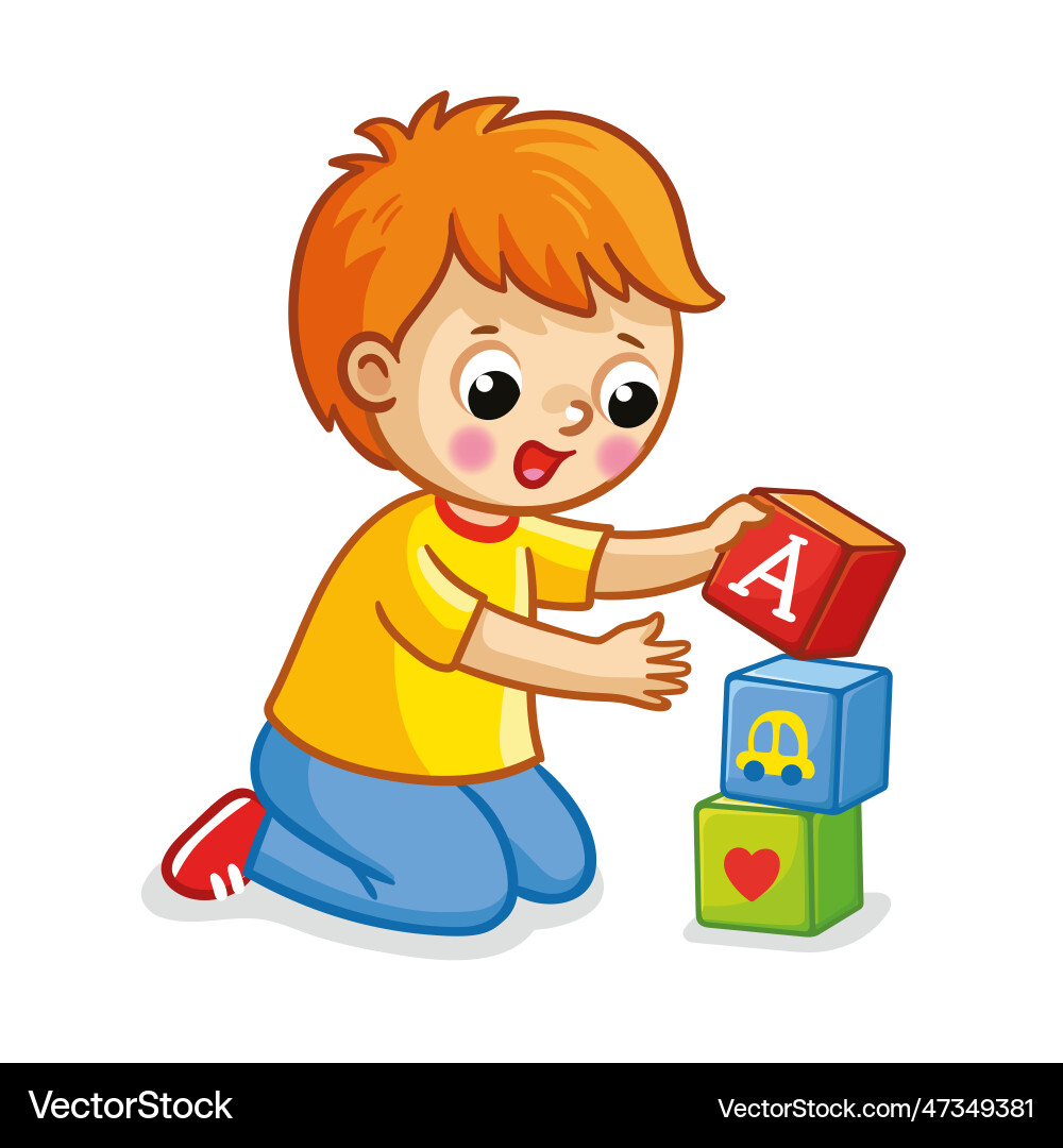 Little boy plays with cubes on a white background Vector Image