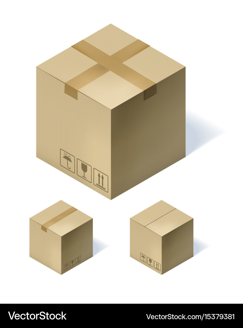 Set of three isometric cardboard boxes isolated Vector Image