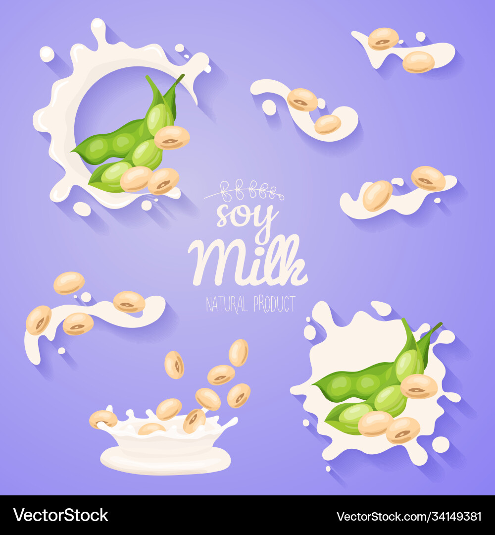 Soy in milk splash big set vegan Royalty Free Vector Image