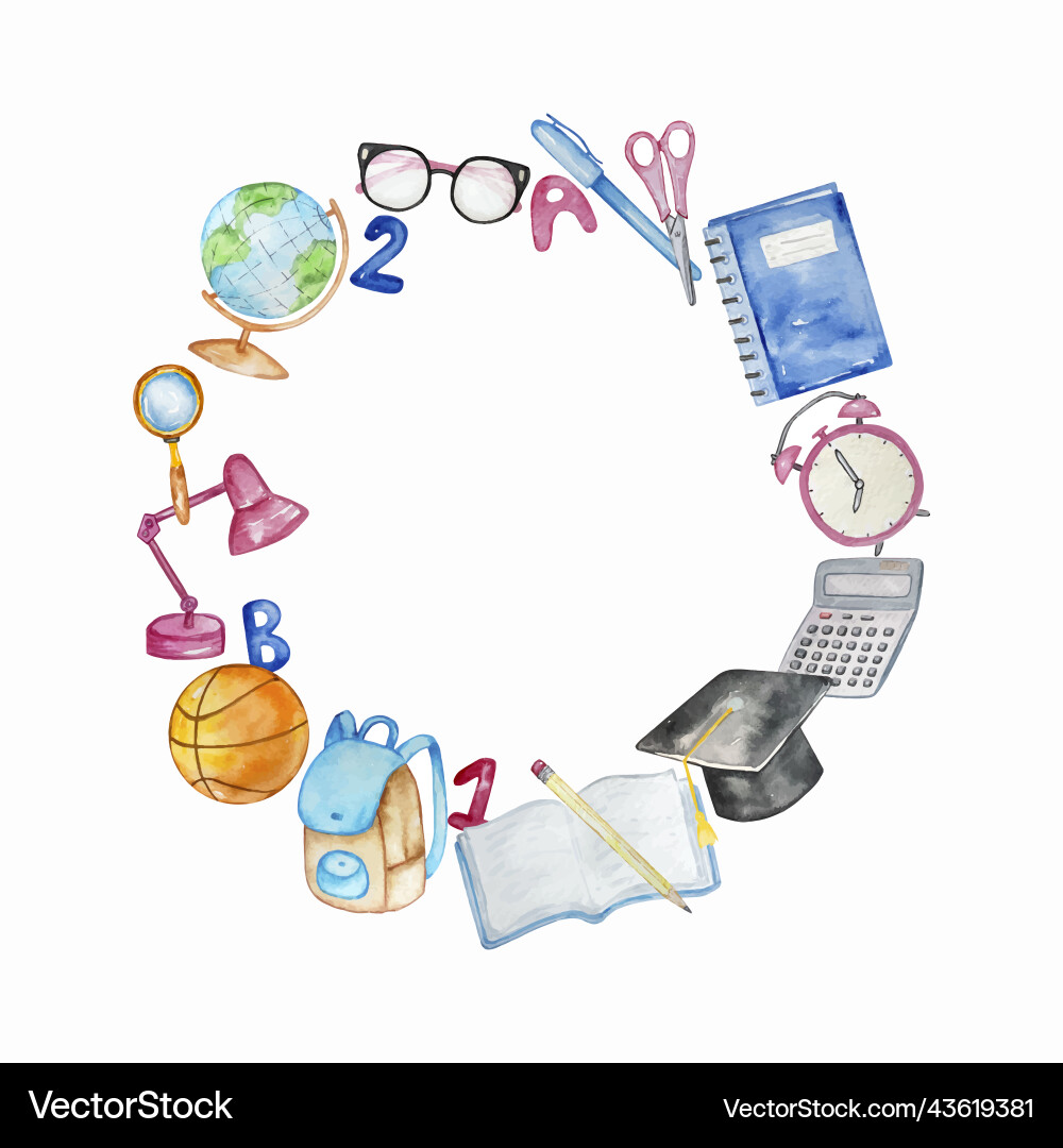 Watercolor frame school supplies Royalty Free Vector Image