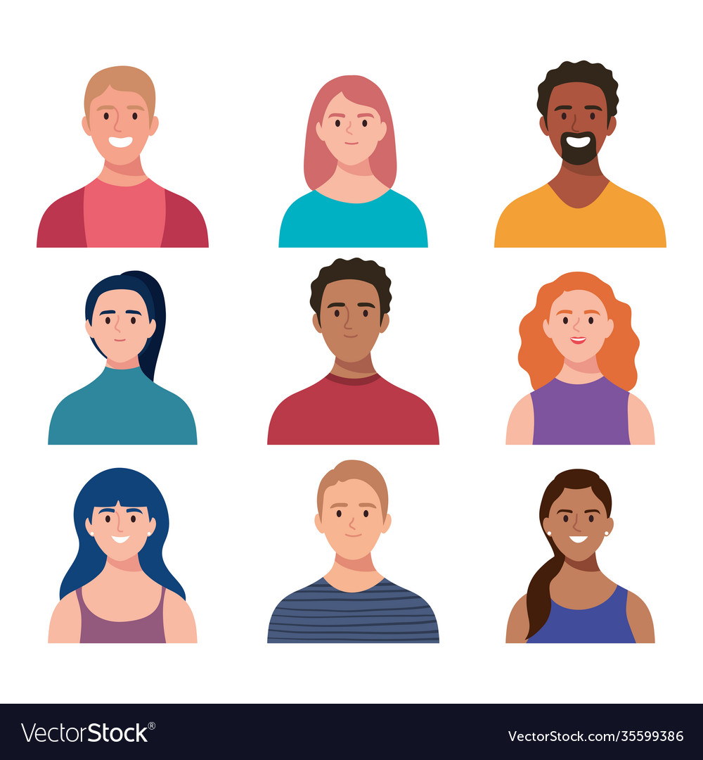 Bundle nine persons characters Royalty Free Vector Image