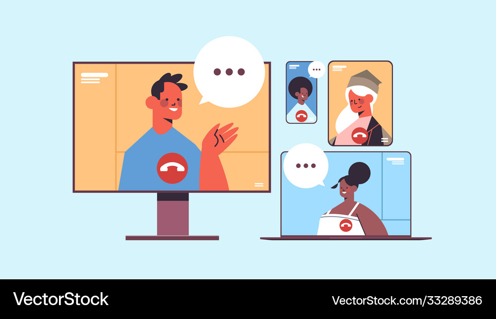 Mix race people chatting during video call Vector Image