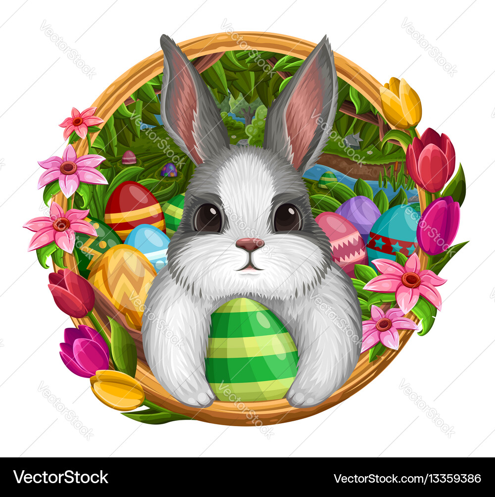 White bunny in frame with eggs and flowers Vector Image