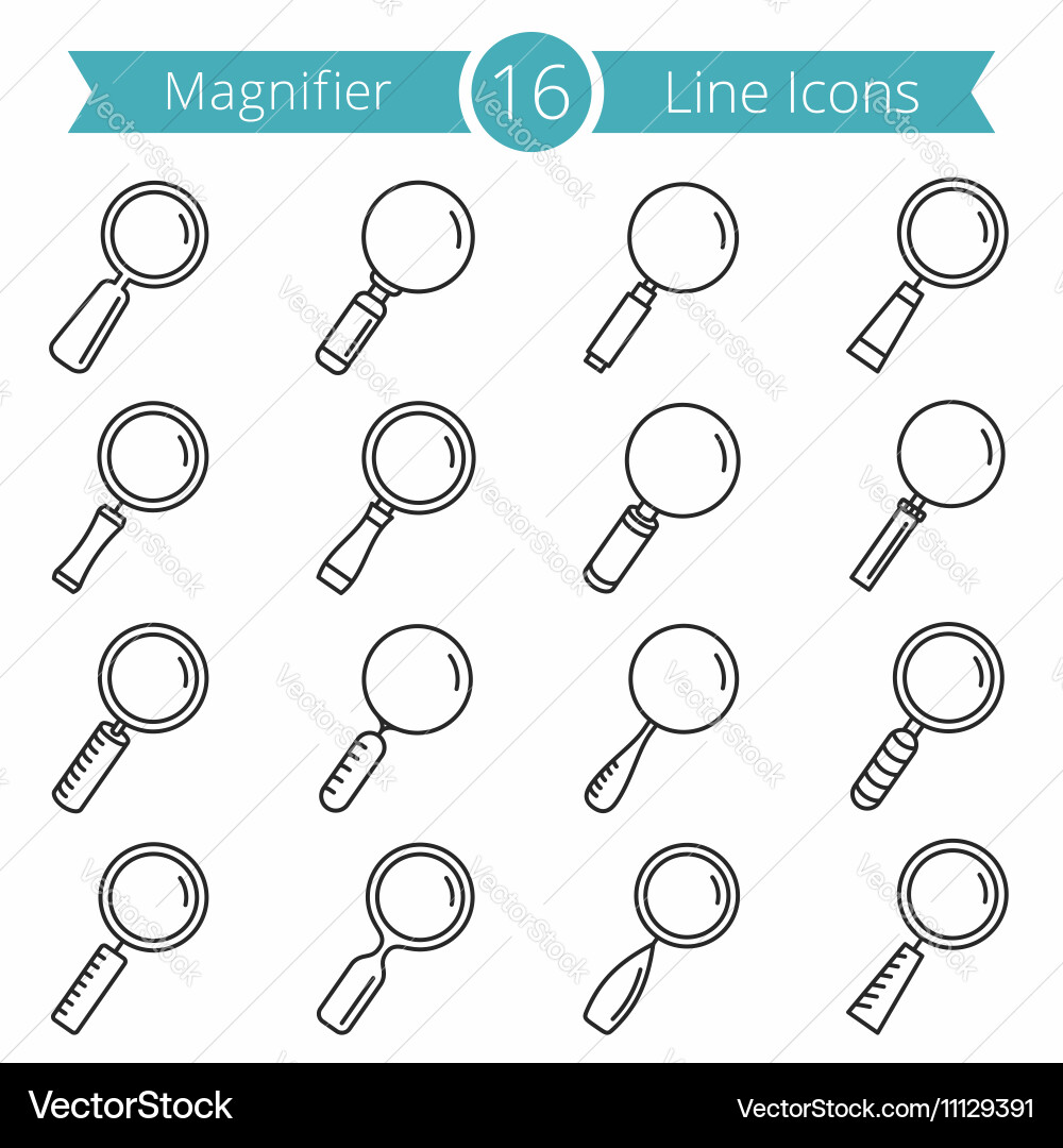 16 magnifying glass line icons Royalty Free Vector Image