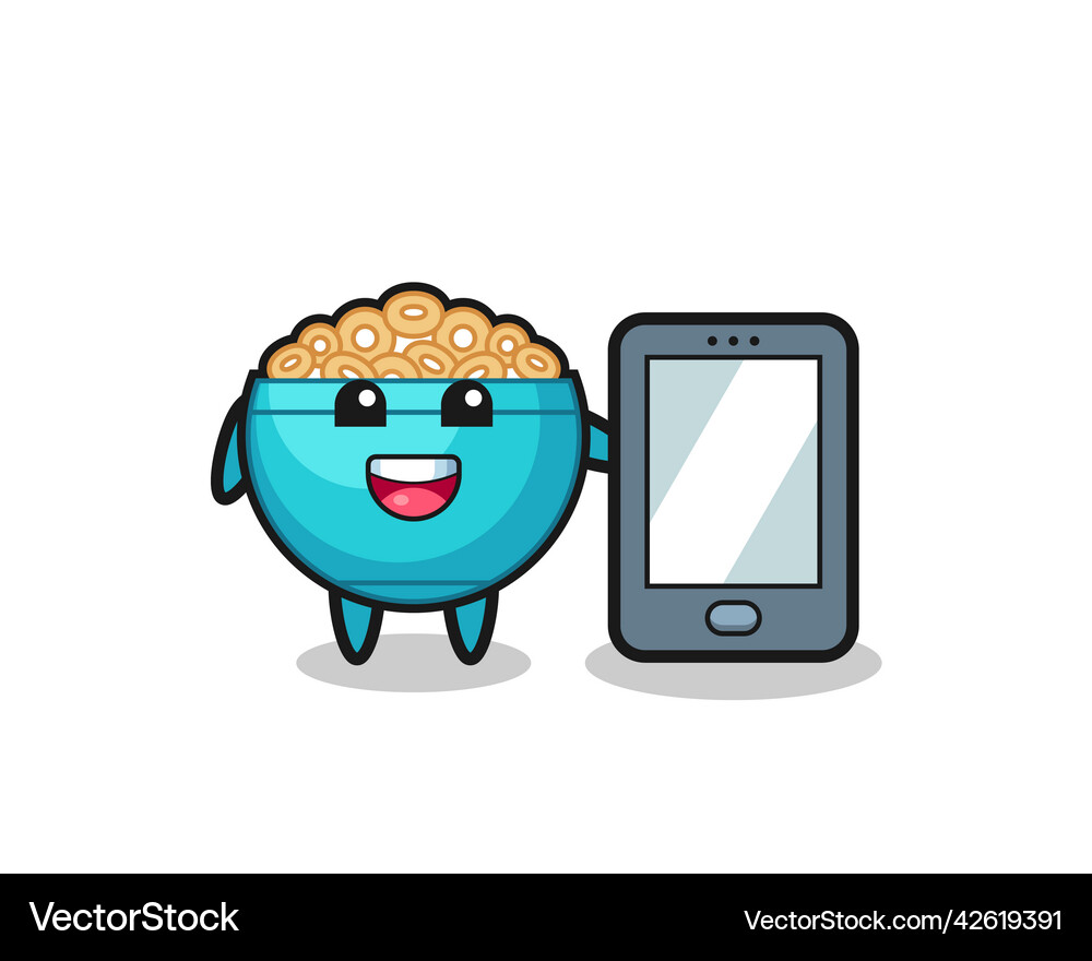 Cereal bowl cartoon holding a smartphone Vector Image