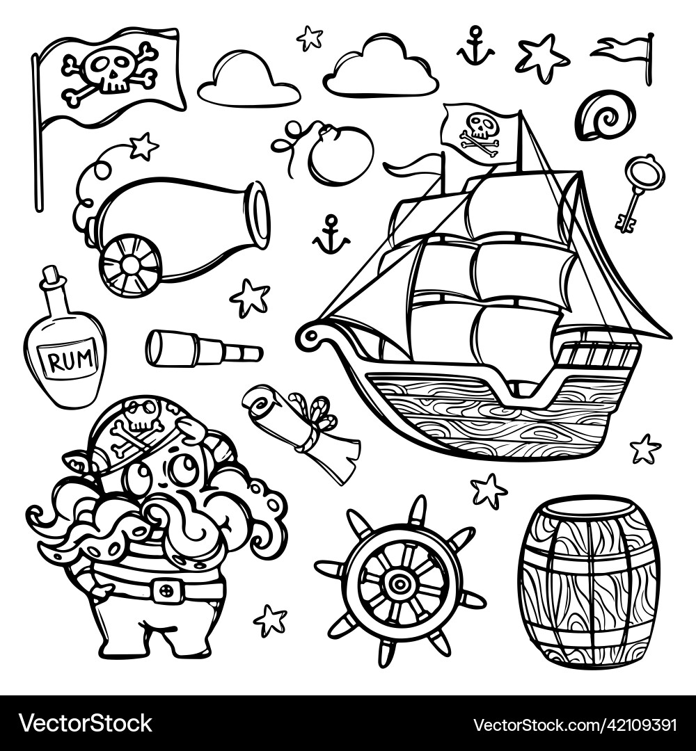Octopus pirate and ship monochrome clipart set Vector Image