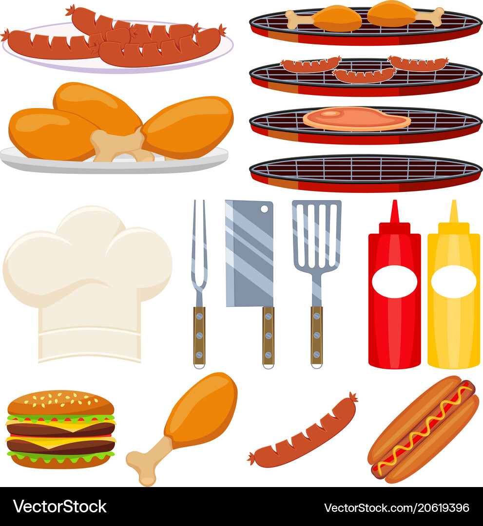 Colorful cartoon bbq cooking 15 element set Vector Image