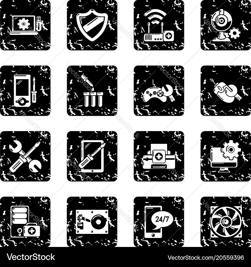 Computer repair service icons set grunge Vector Image