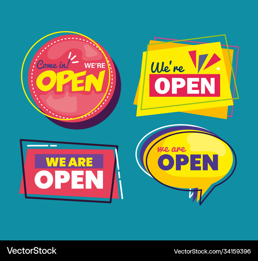 Set banners lettering we are open on blue Vector Image
