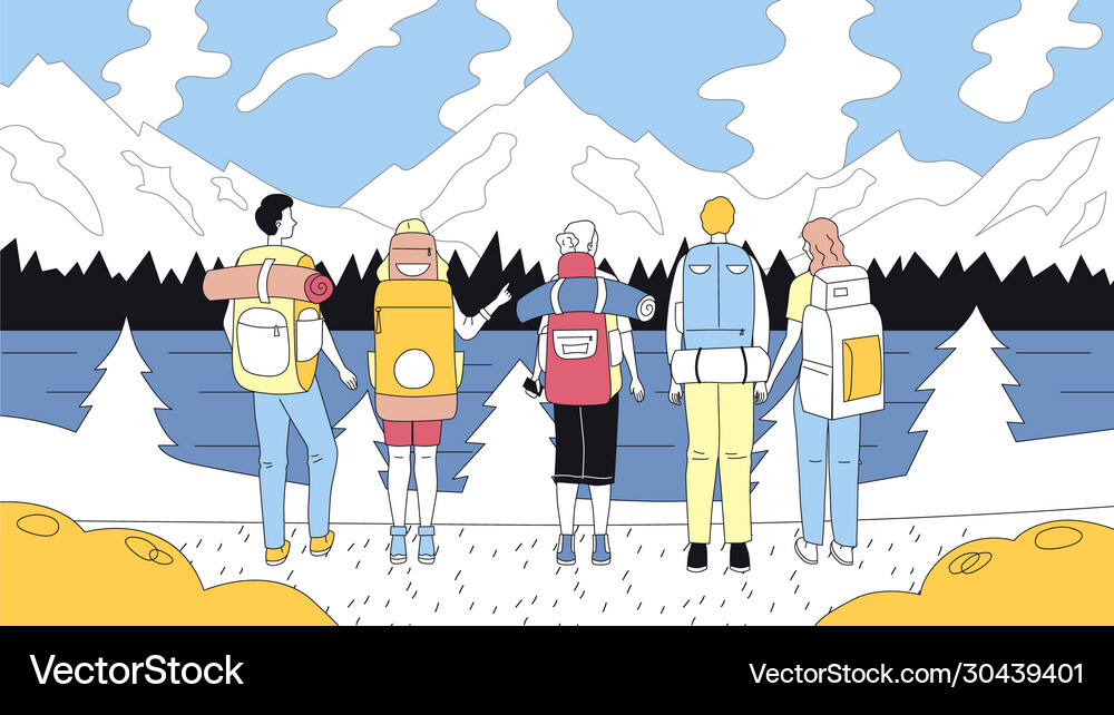 Hiking and camping concept group tourists Vector Image