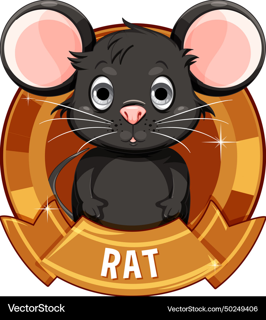 Adorable black rat inside a golden badge Vector Image