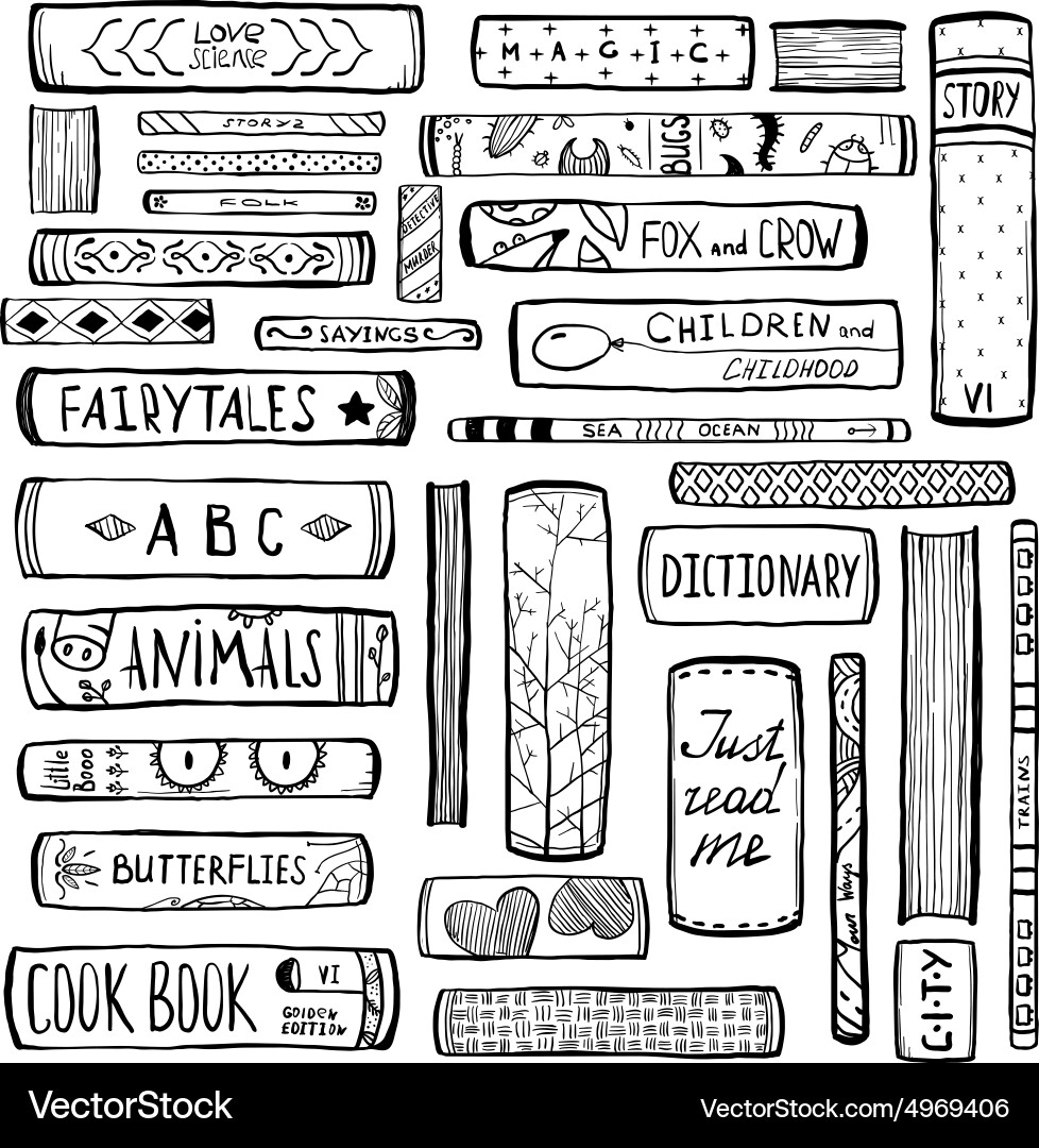 Books Collection Monochrome Inky Outline Vector Image