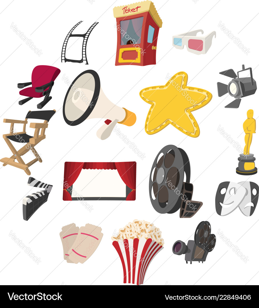 Cinema cartoon icons set Royalty Free Vector Image