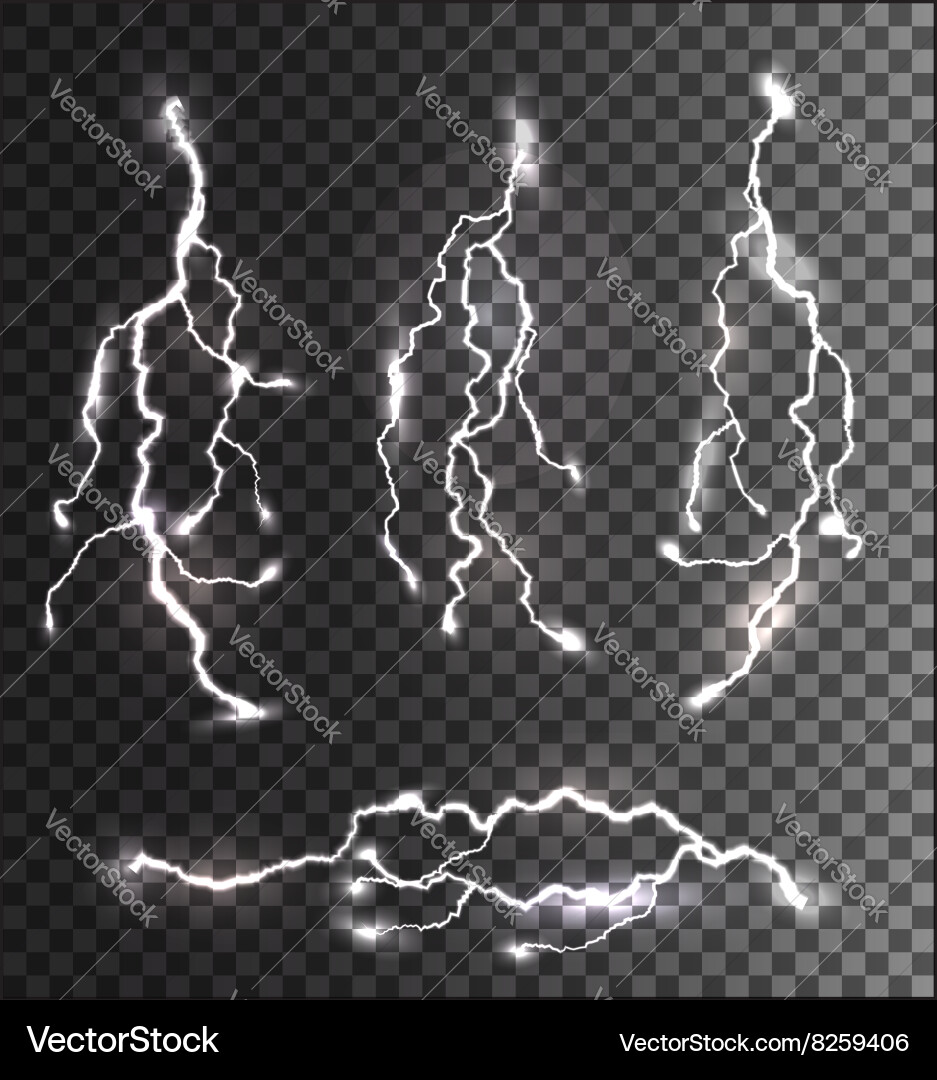 Set of different lightning bolts on a transparent Vector Image
