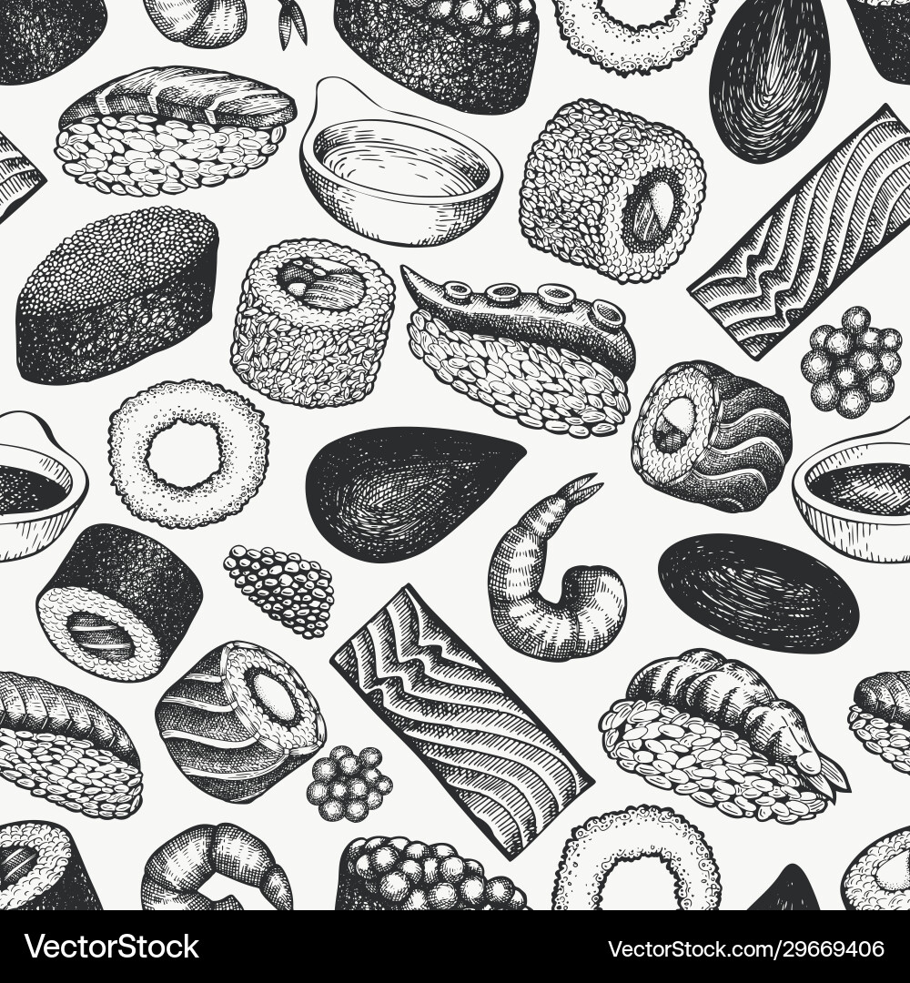Sushi seamless pattern japanese cuisine hand Vector Image