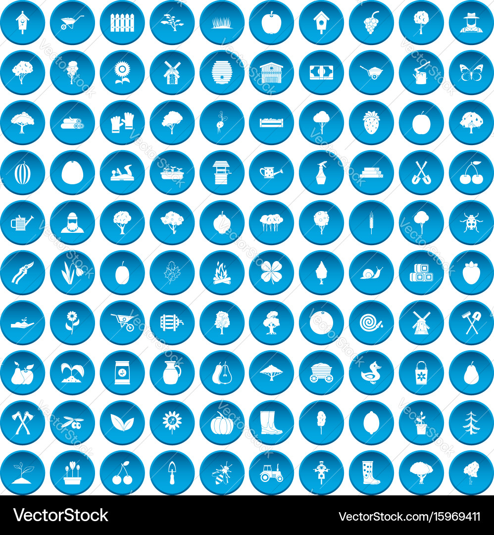 100 agriculture icons set blue Royalty Free Vector Image