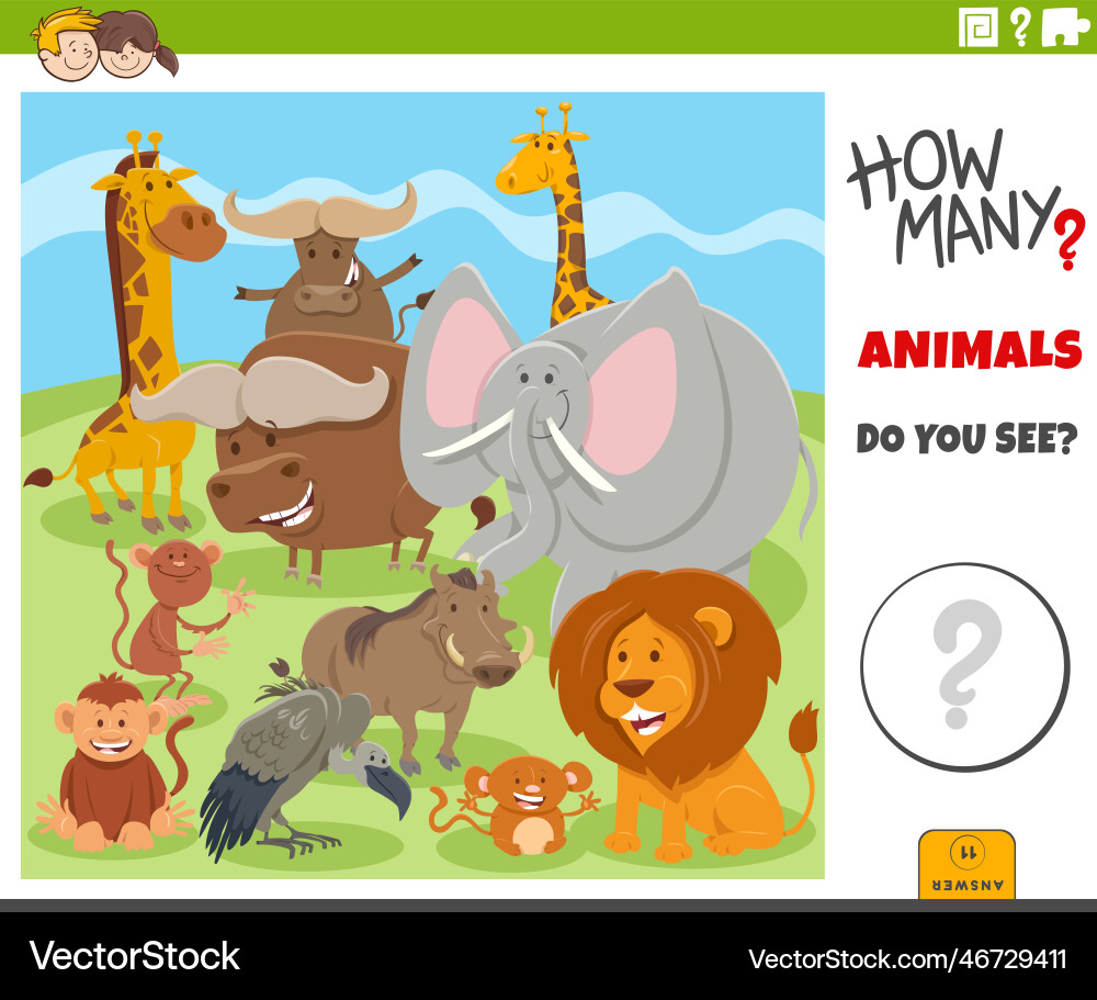 Counting cartoon wild animals educational game Vector Image
