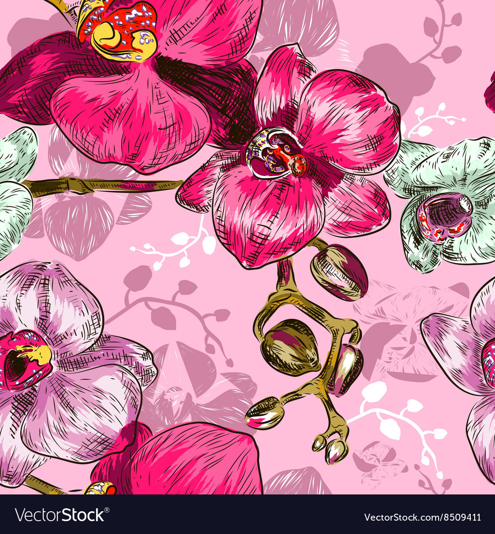 Seamless Pink Orchid Flower Pattern Royalty Free Vector