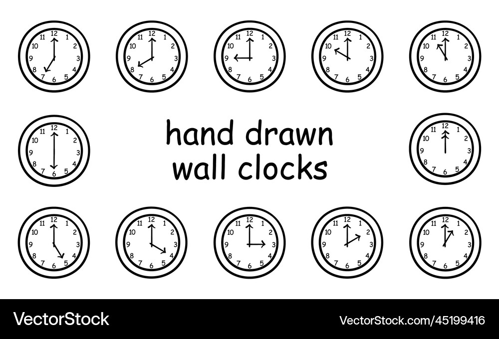 A collection of hand drawn wall clocks Royalty Free Vector