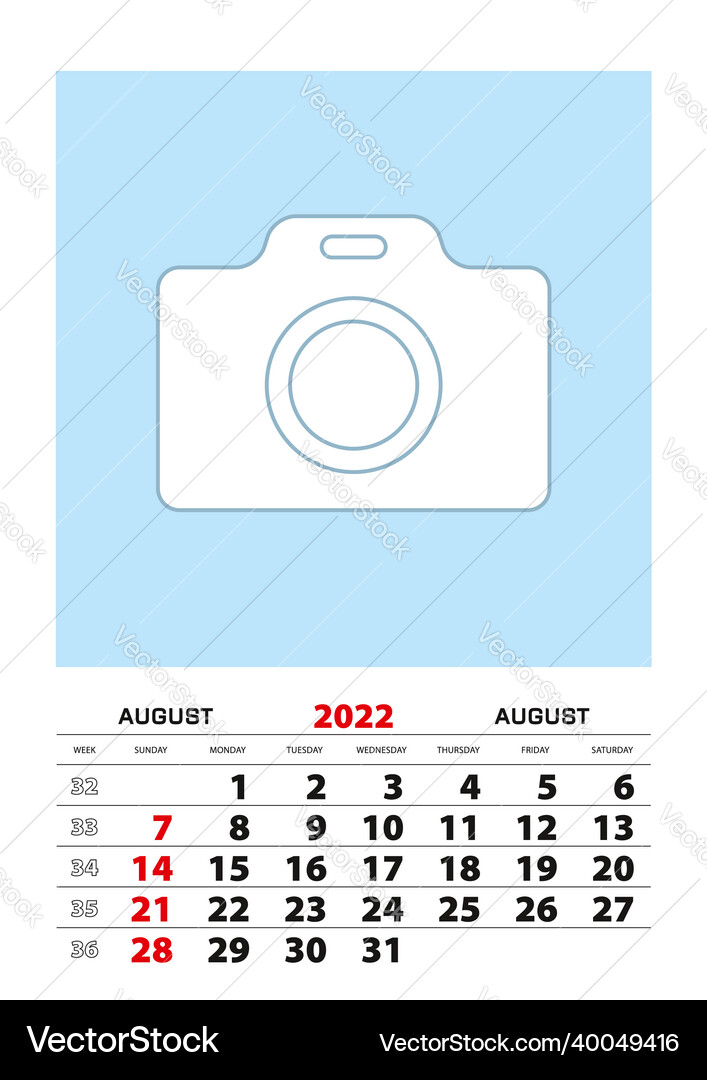 August 2022 calendar planner a3 size with place Vector Image