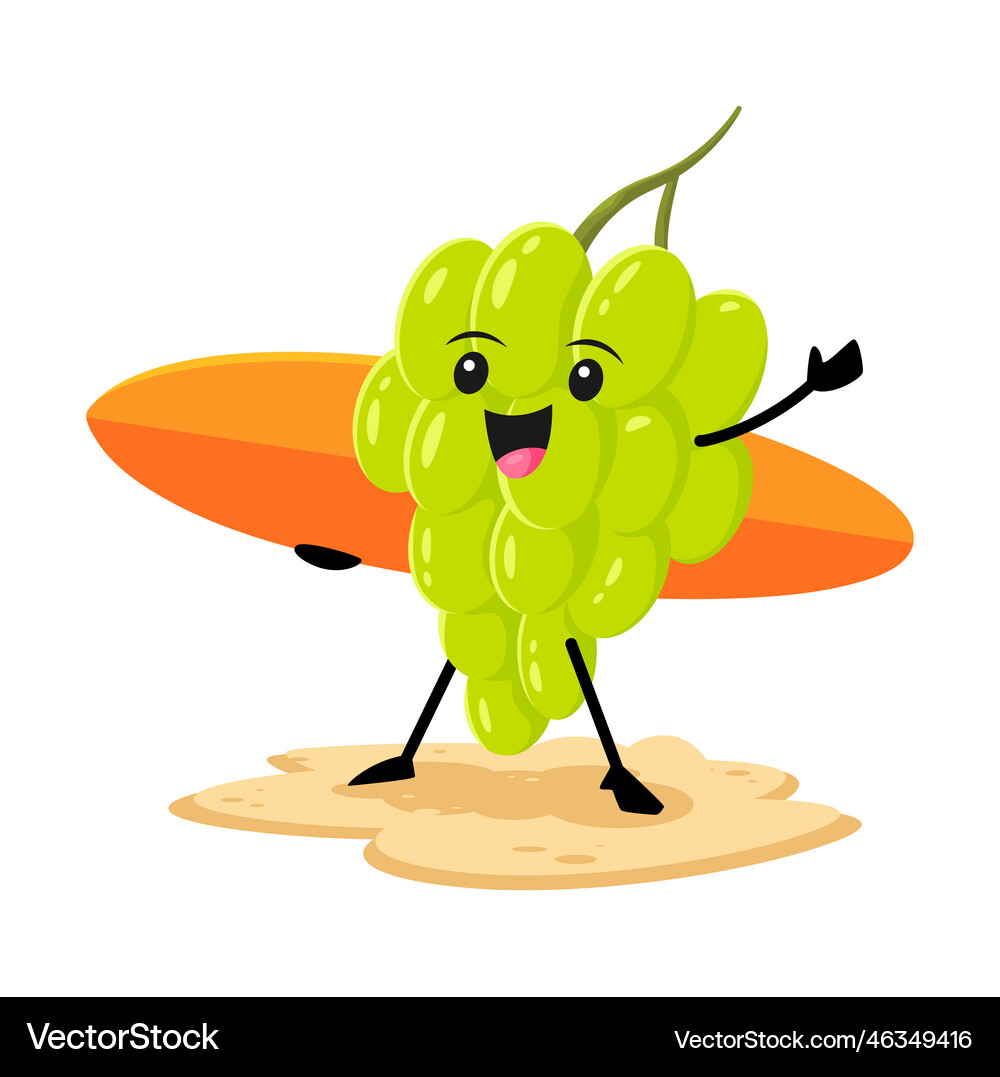 Cartoon grape character with surf board on beach Vector Image