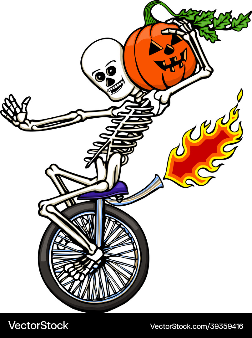 Funny skeleton riding a unicycle carrying Vector Image