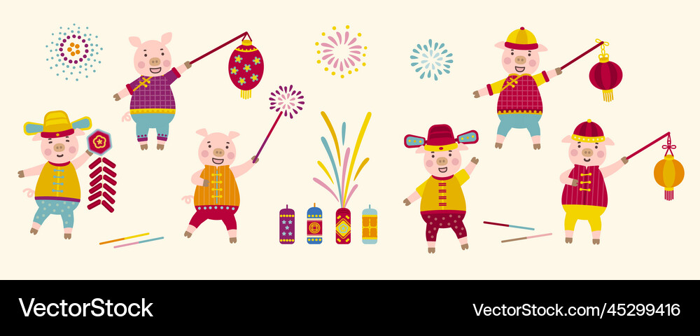 Lovely piggy playing with fireworks Royalty Free Vector
