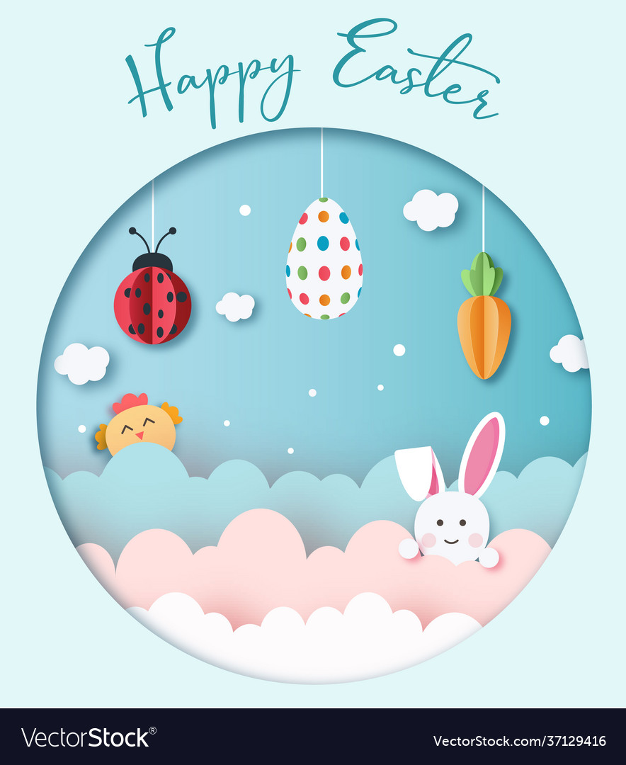 Paper art bunny in carrot and easter eggs Vector Image