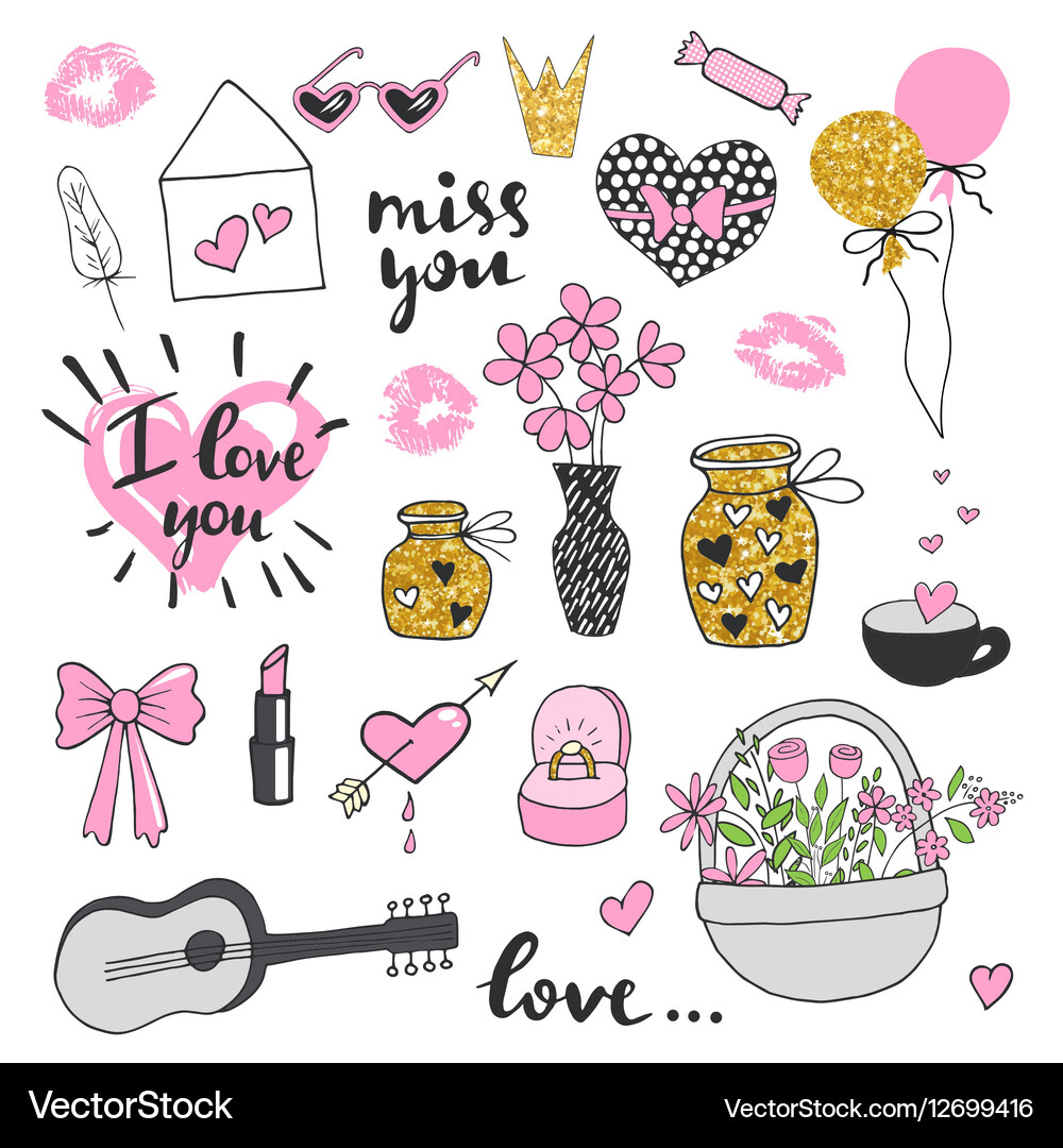 Set romantic valentines day doodles Royalty Free Vector