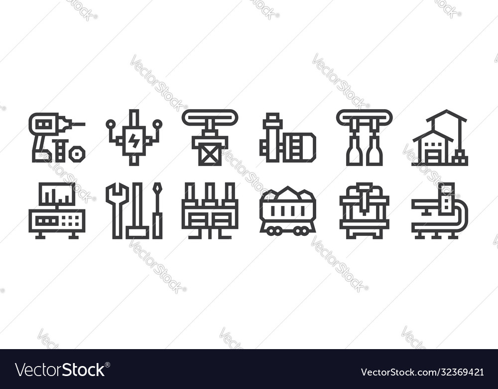 12 set linear manufacturing icons thin outline Vector Image