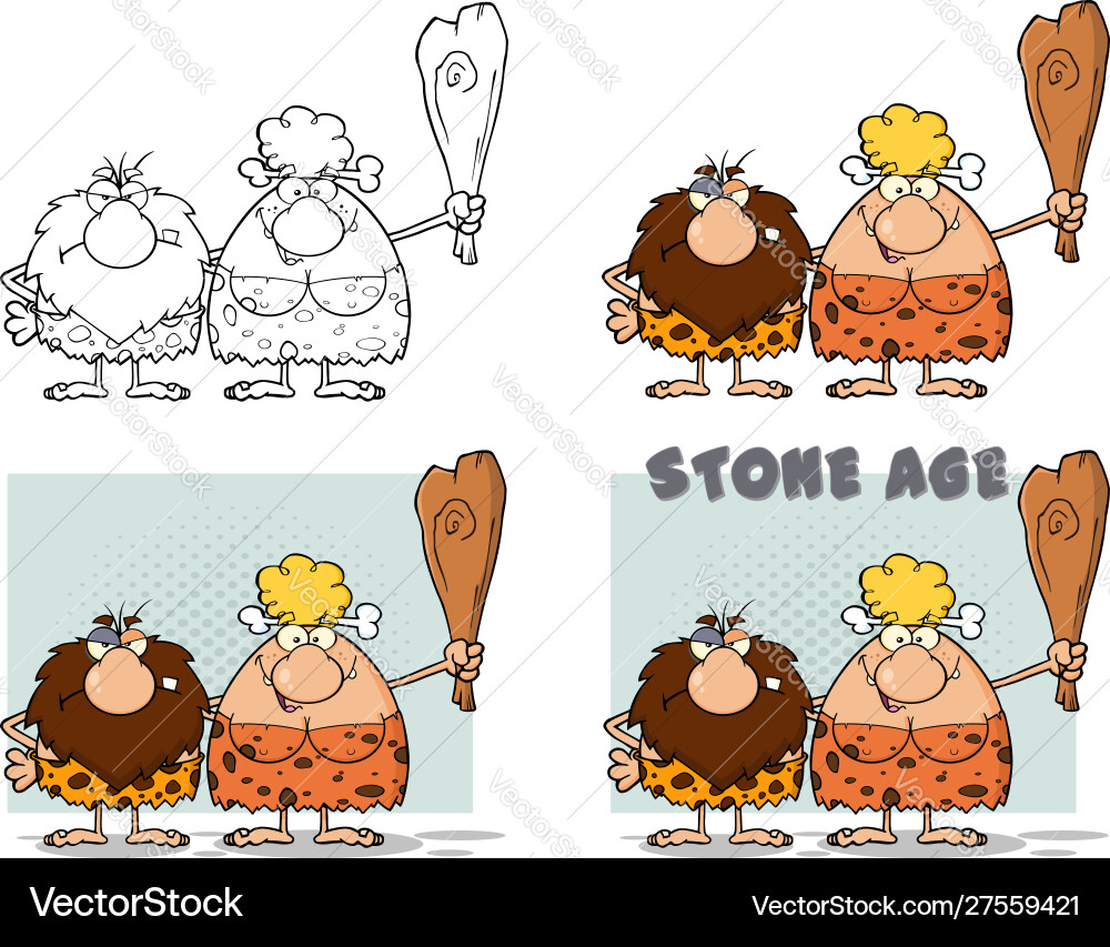 Caveman couple characters with woman Royalty Free Vector