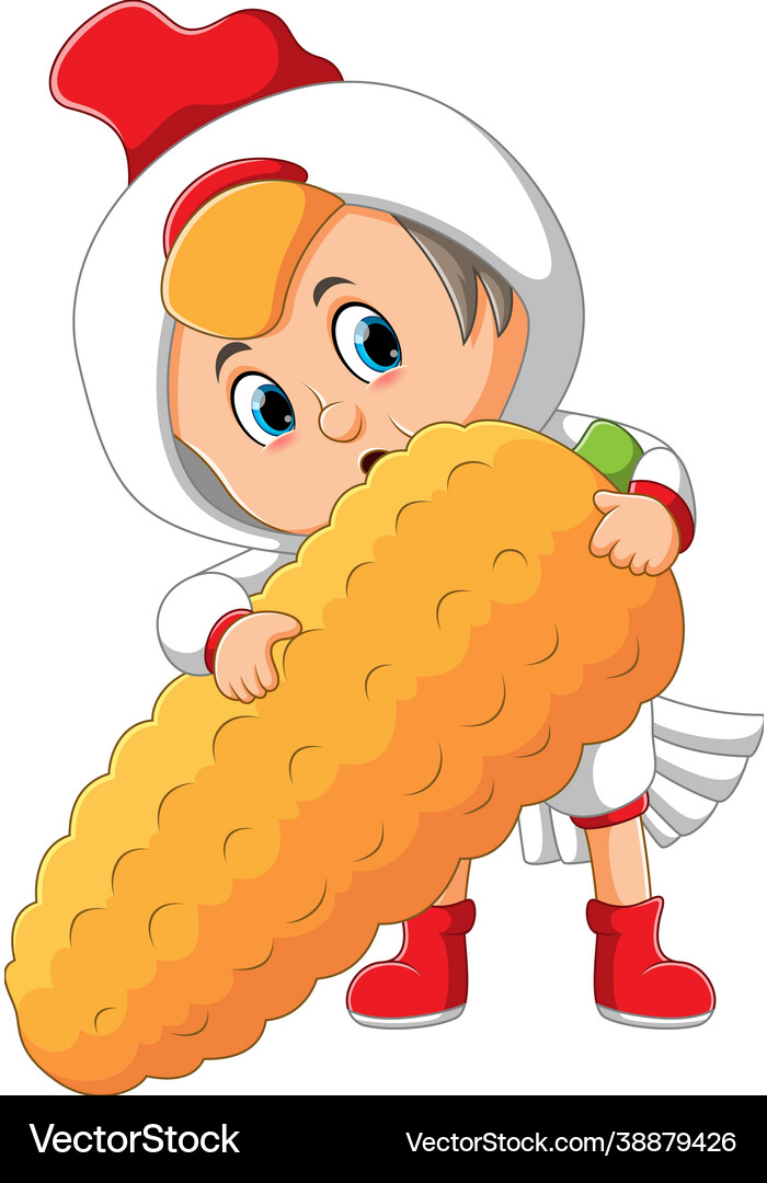 Boy with he chicken costume is holding Royalty Free Vector