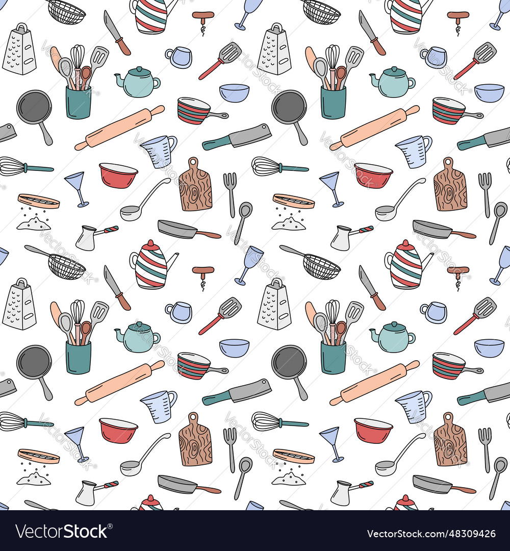 Kitchen doodles pattern kitchenware elements Vector Image