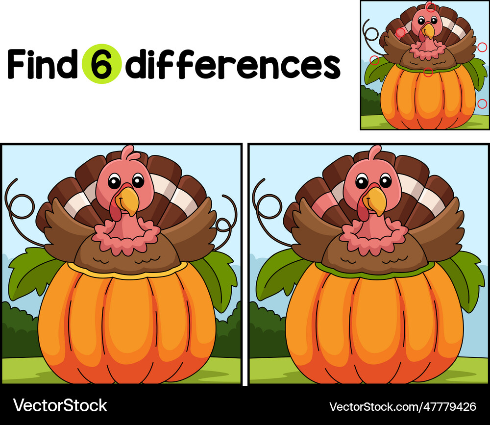 Thanksgiving turkey pumpkin find the differences Vector Image