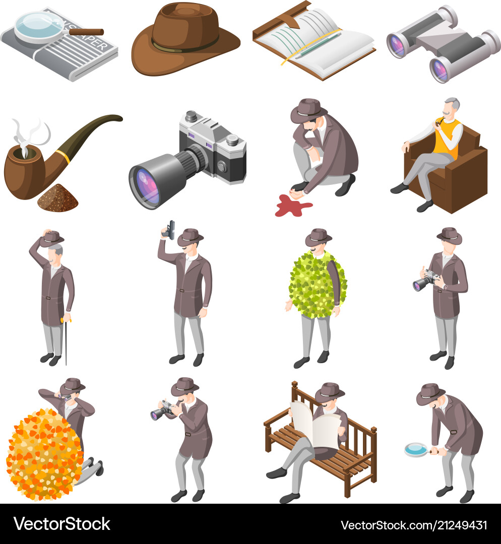 Classic detective isometric icons Royalty Free Vector Image