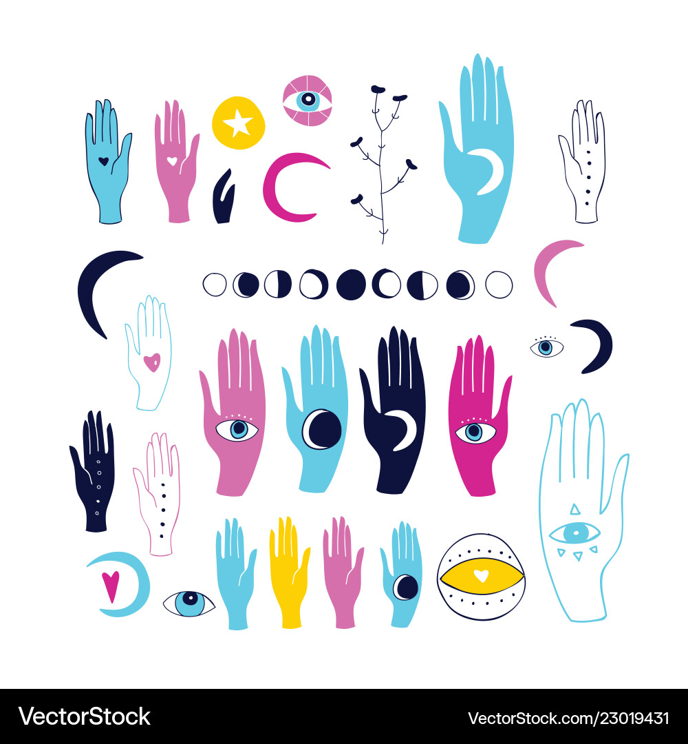 Hands third eye hearts moon phases sun stars Vector Image