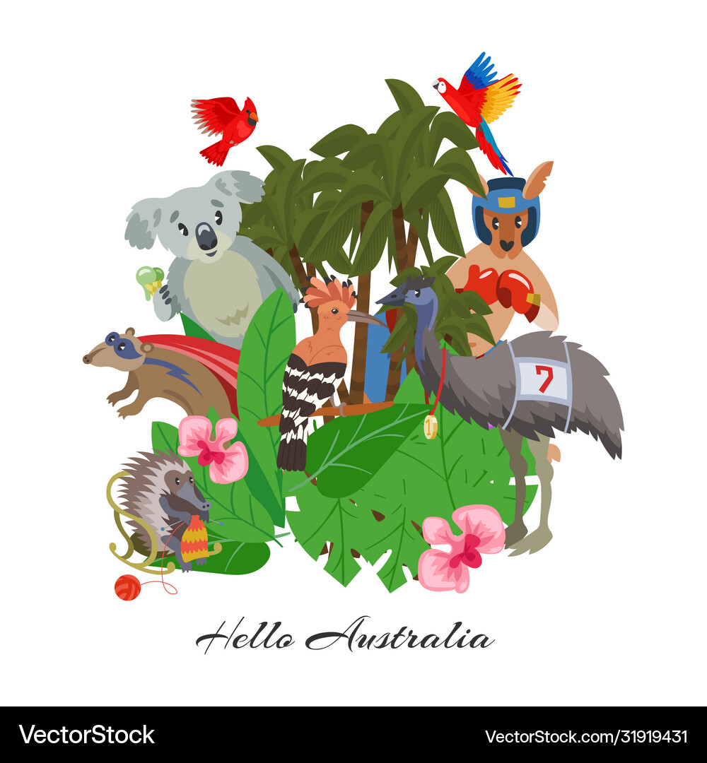 Hello australia lettering cute wild animals Vector Image