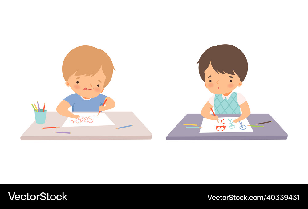 Little boy at table drawing on paper with colored Vector Image