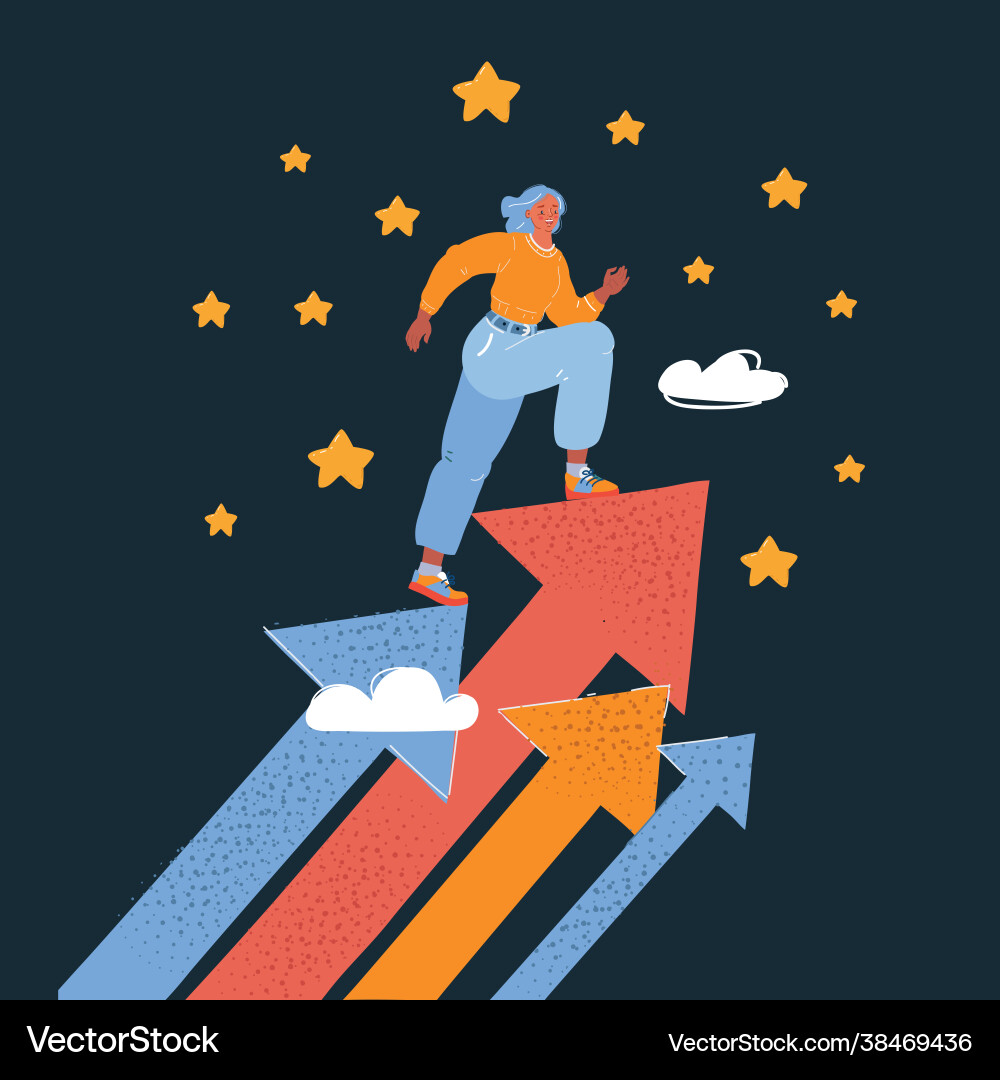 Woman step arrow up on dark Royalty Free Vector Image