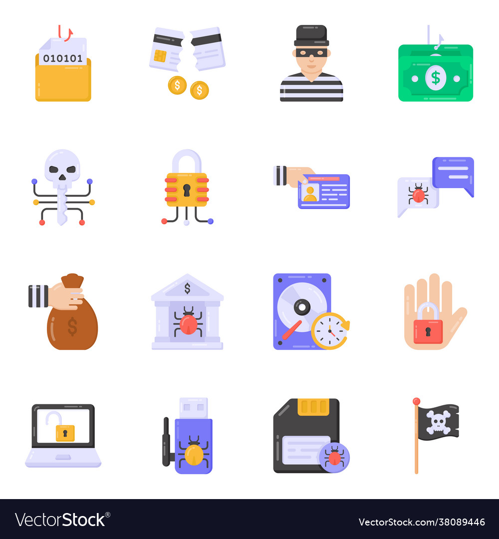 Pack malware and hacking flat icons Royalty Free Vector