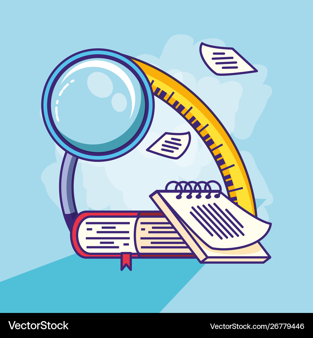 Pile library books with magnifying glass Vector Image