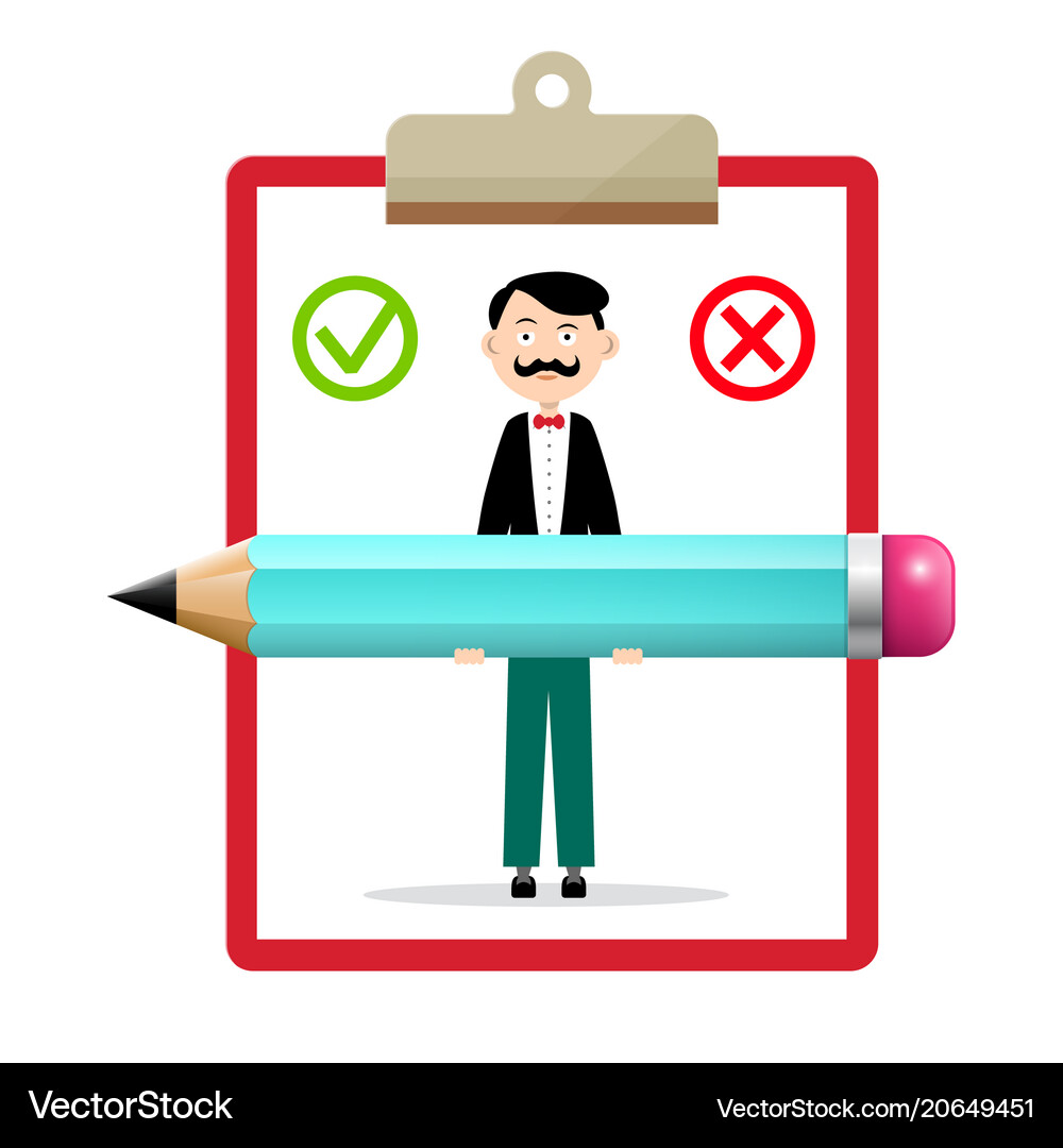 Check mark icons with notebook man big pencil Vector Image